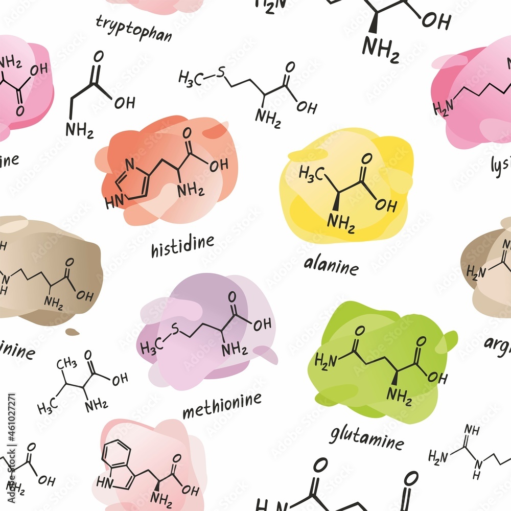Seamless pattern with chemical formulas of amino acids on colored ...