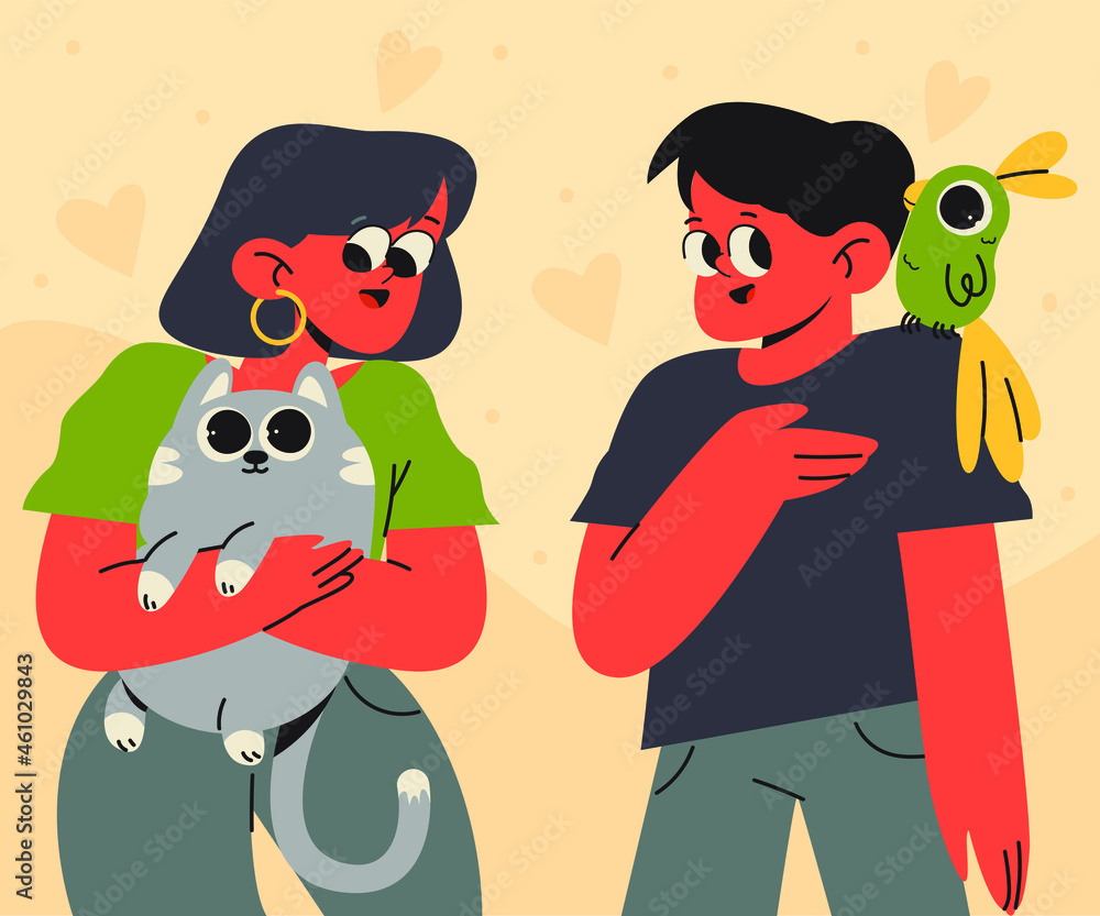 People with pets. Cartoon set of animals. Character man or woman. Home ...