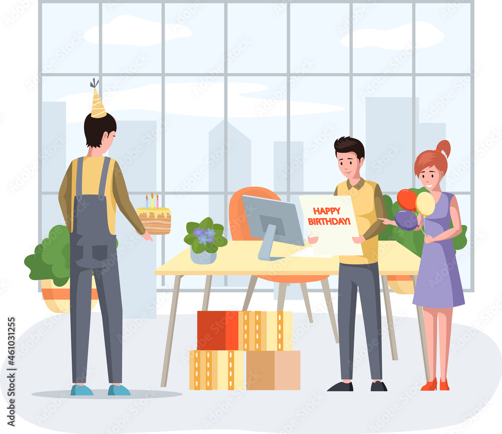 Birthday party in office flat vector illustration. Workers organize ...
