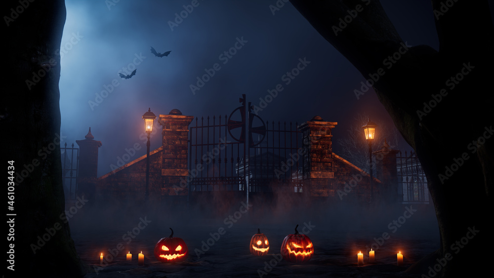 Creepy Halloween Graveyard Gate Scene with Jack O' Lanterns and Candles ...