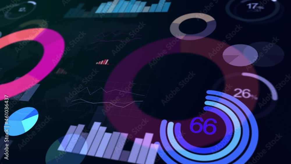 3D animation of graphs and charts showing pie charts, numbers and ...