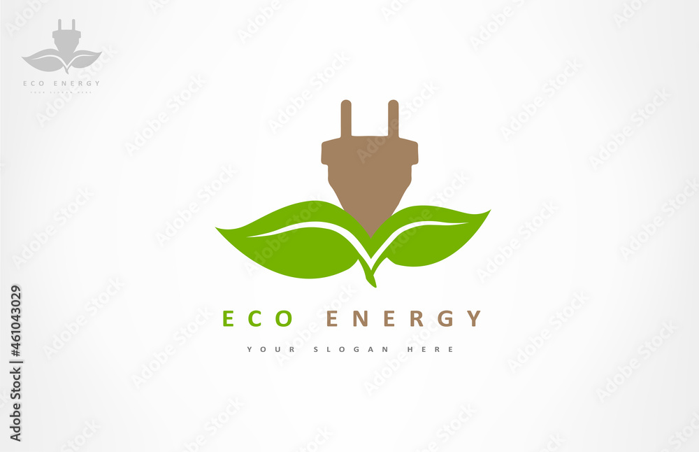 Electric plug with a plant logo, branches and leaves. Eco electricity ...