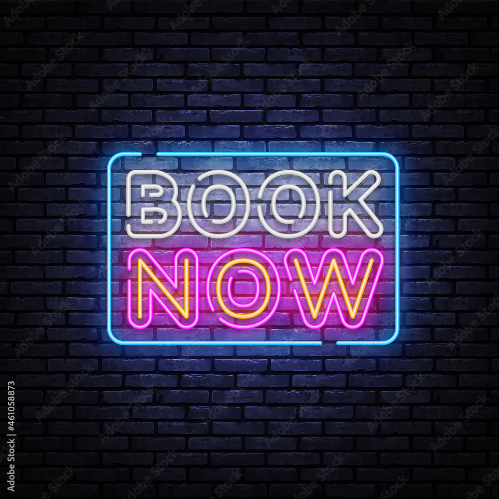 Book now neon for concept design. Blue book now neon sign. Vector ...