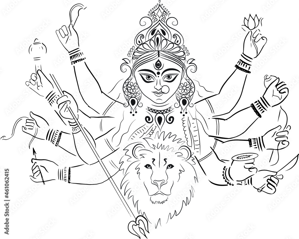 illustration of goddess Durga with lion and sword Stock Vector | Adobe ...