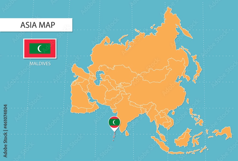Maldives map in Asia, icons showing Maldives location and flags. Stock ...