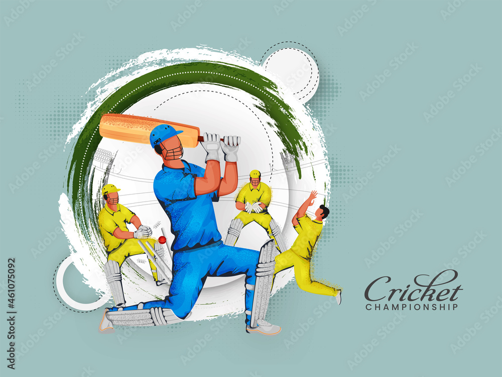 Faceless Cricket Players In Action Pose And Brush Stroke Effect On ...