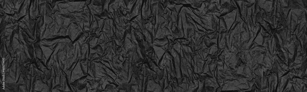 Black crumpled paper wide texture. Wrinkled dark paper sheet widescreen ...