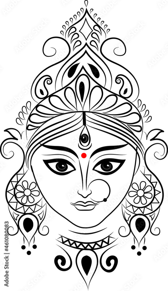 portrait of a Durga in black line art with red bhindi Stock Vector ...
