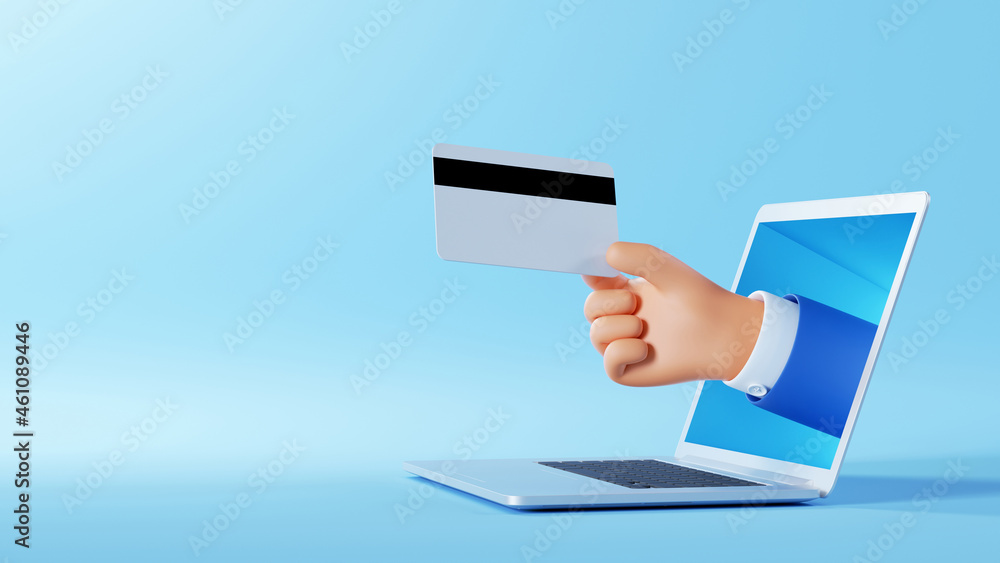 3d illustration. Cartoon character hand sticking out the laptop screen ...