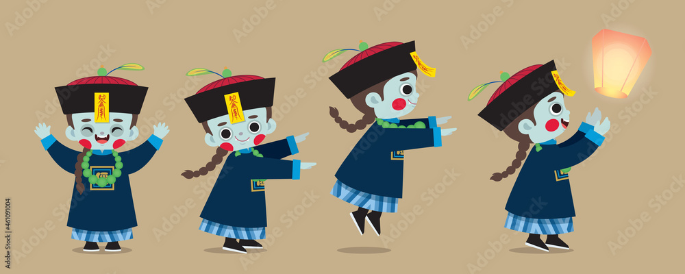 Cute chinese zombie in different pose. Cartoon chinese ghost flat ...