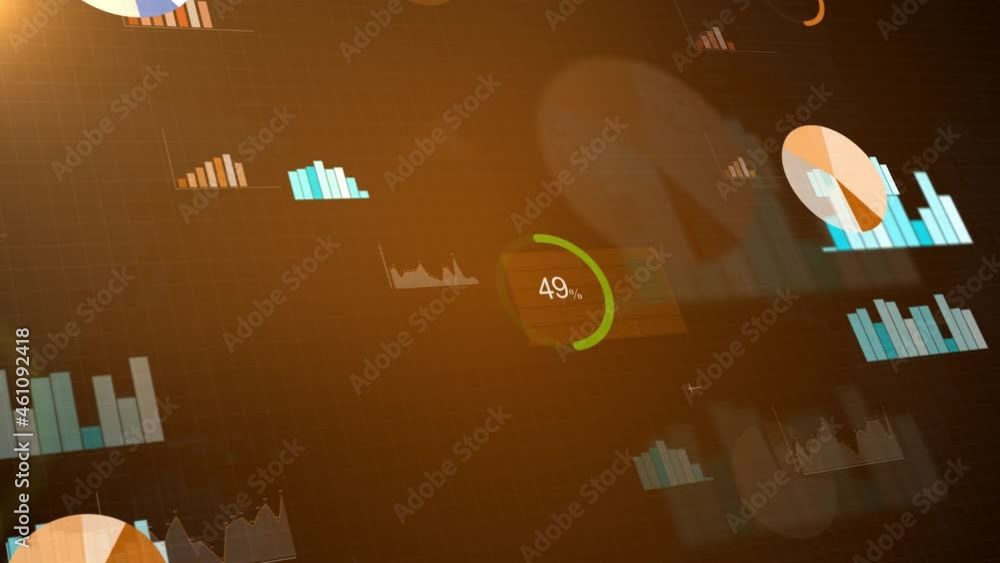 4K Business data stock market visualization showing pie charts, numbers ...
