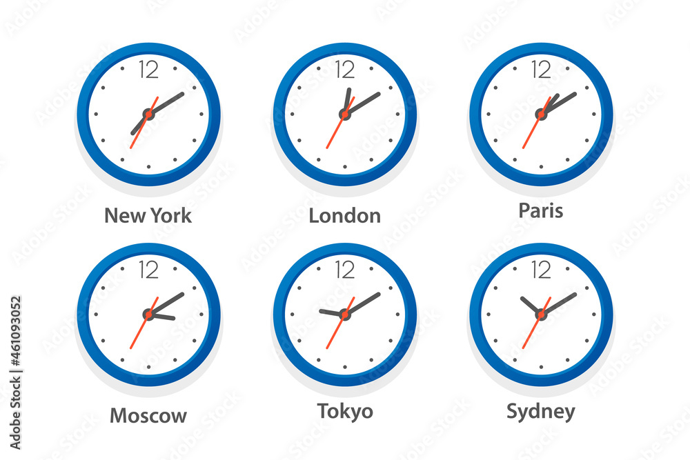 Flat Vector Wall Office Clock Icon Set. Time Zones of Different Cities ...