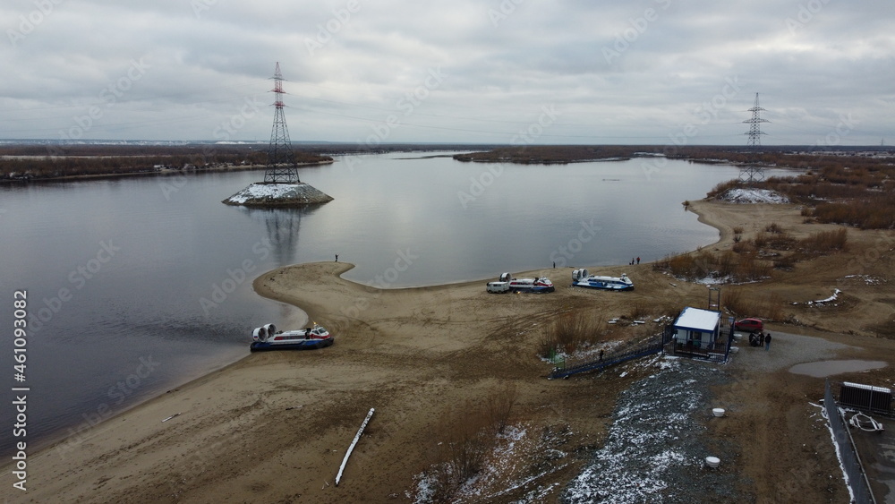 water taxi on an air cushion on the Lena River in Yakutsk against the ...