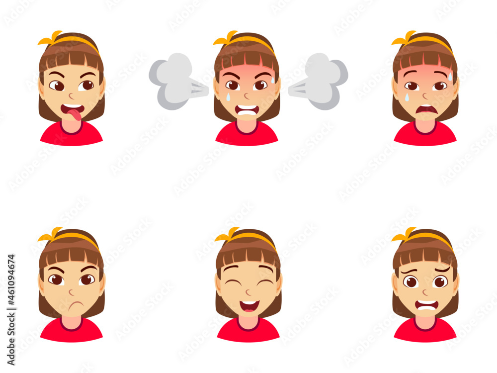 Cute beautiful kid girl character avatar with different facial ...