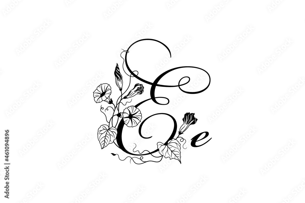 Floral font. Letter E with bindweed flowers. Wonderful flora letter for ...