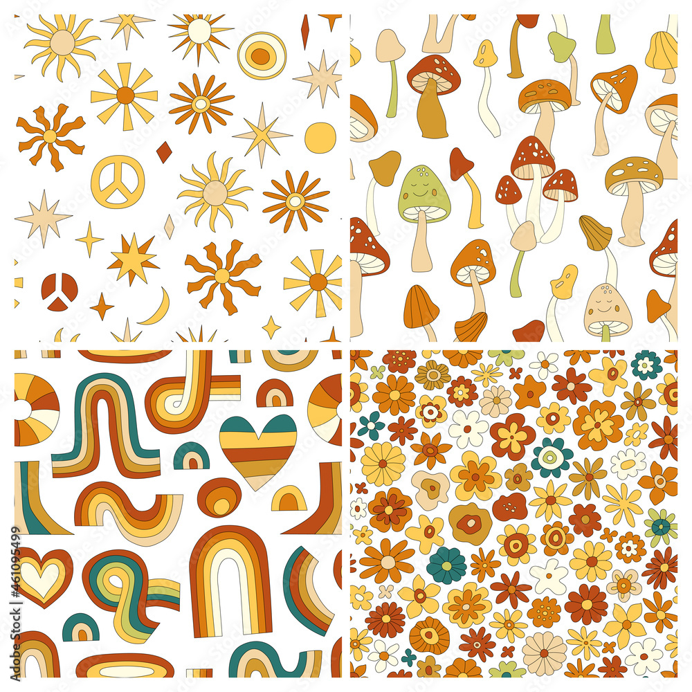 70s groovy hippie retro seamless pattern set. Vintage floral vector ...