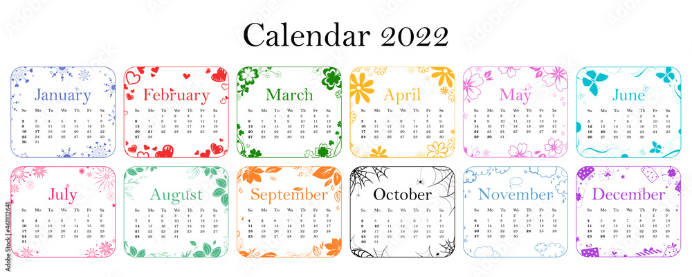 calendar for 2022, colorful and colored calendar for 2022 with flowers ...