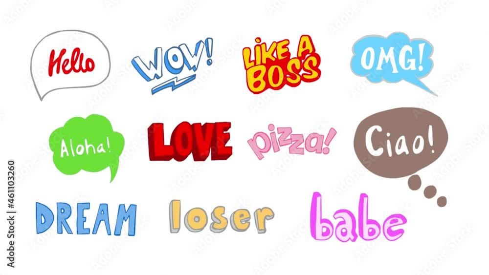 Colored words and phrases. 2D animation. A set of phrases. Drawn font ...