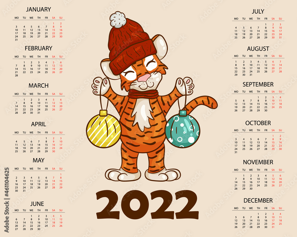 Calendar design template for 2022, the year of the tiger according to ...