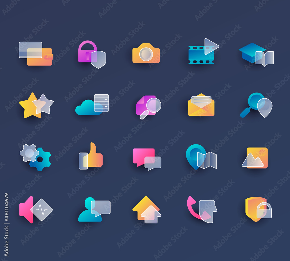 Vector set of creative icons with glass effect and vivid gradients for ...
