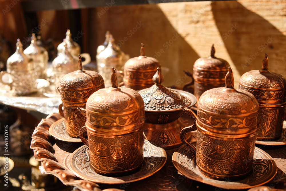 Handicraft beaded decorate arabic style tea cups. Brass colored ...