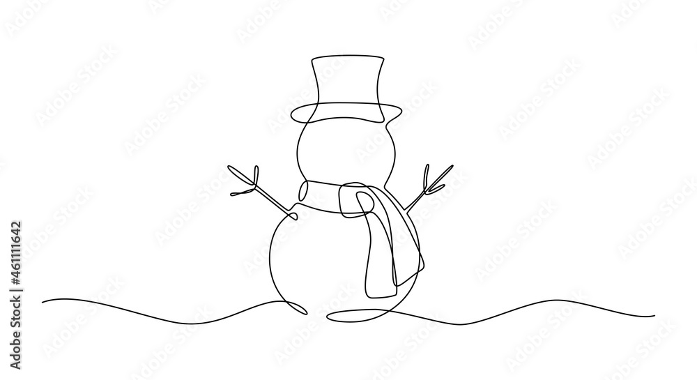 Continuous one line drawing of christmas Snowman in hat with scarf ...