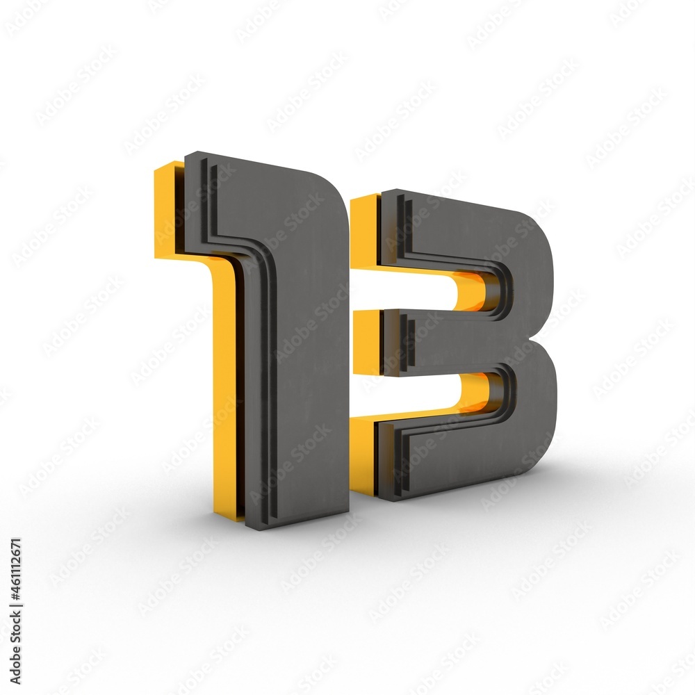Gray-gold 3d number 13 on a white background with a shadow at the ...