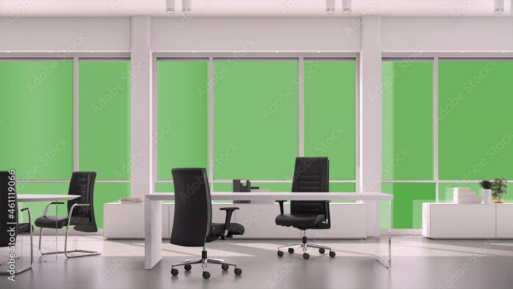 Empty office armchairs and tables on chromakey green screen window ...