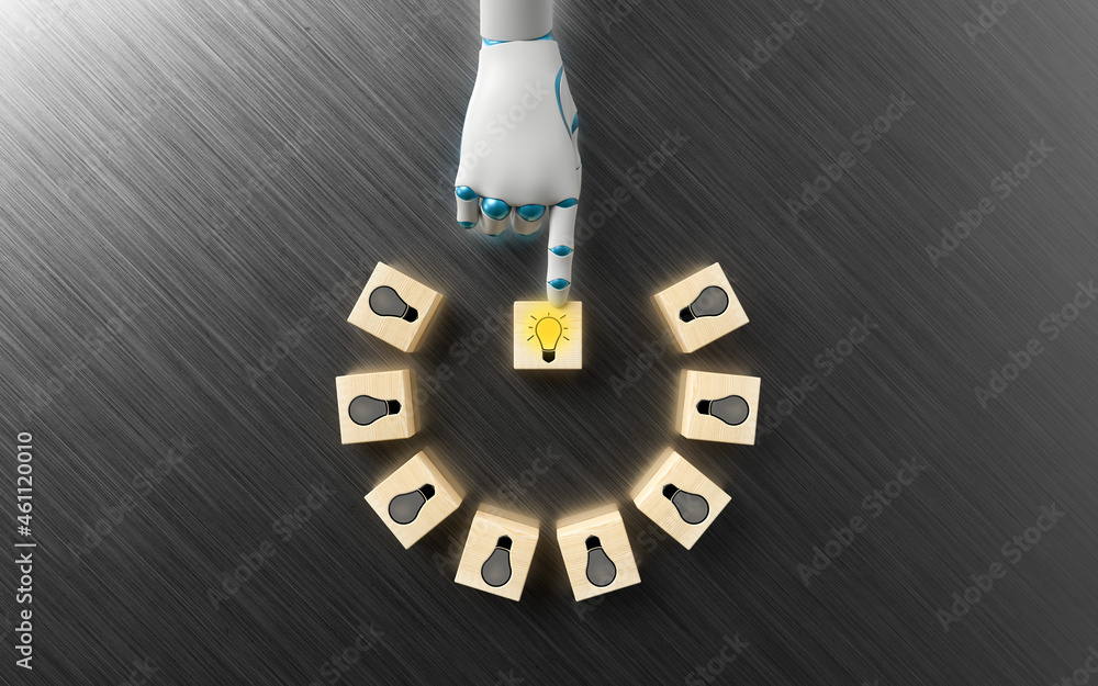 robot hand adding a cube with a lightbulb symbol to other cubes with ...