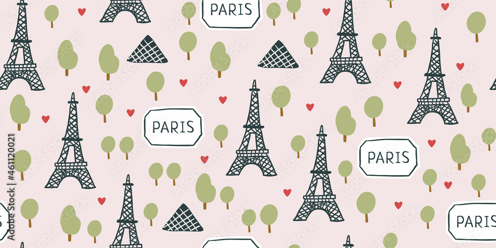 Vector seamless pattern with eiffel tower, trees, hearts and paris sign ...