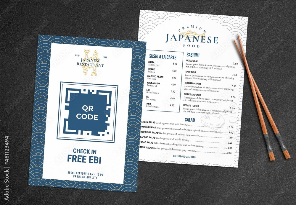 Japanese Sushi Restaurant Menu Flyer with Qr Code Placeholder Stock ...