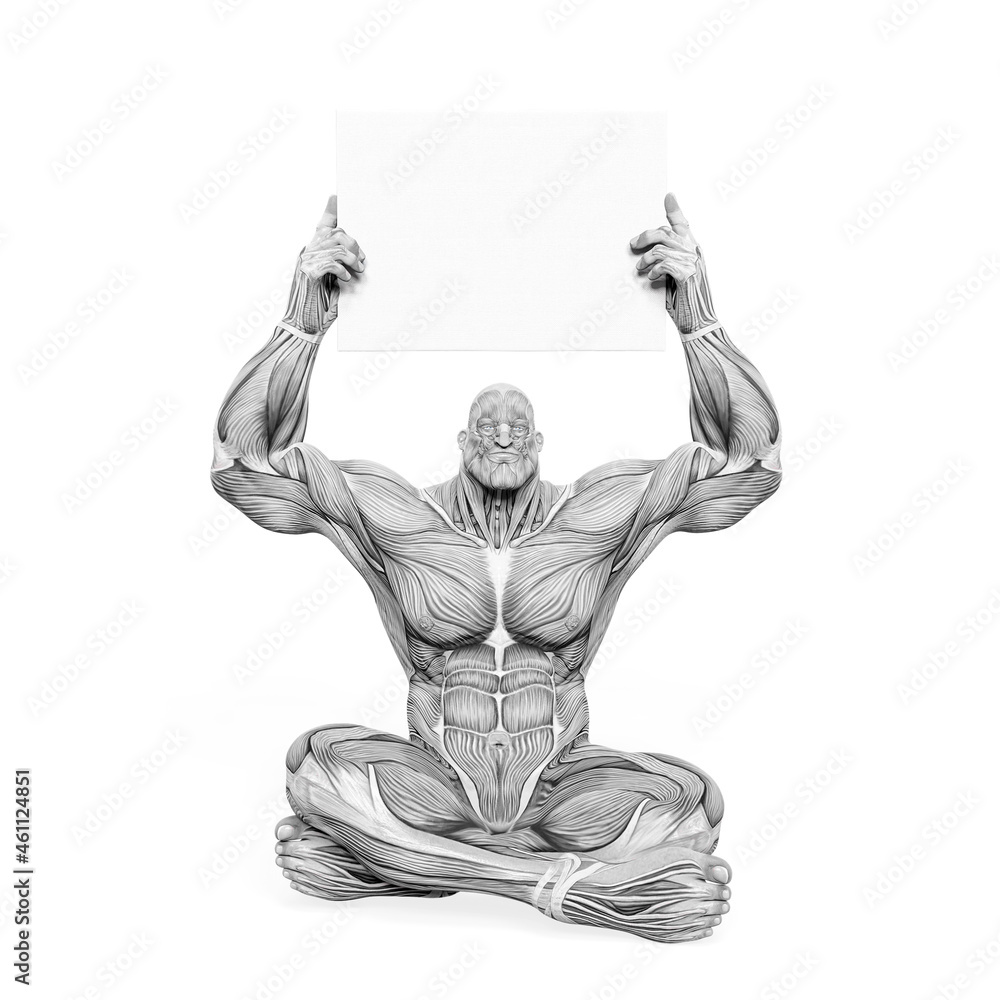 bodybuilder muscle maps is sitting down and holding a white sign in ...