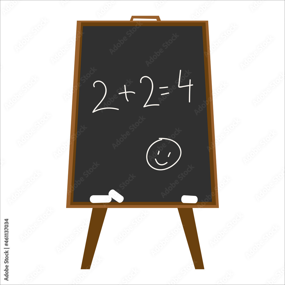Blackboard with math lesson. Writing 2 2 in chalk on a black slate ...