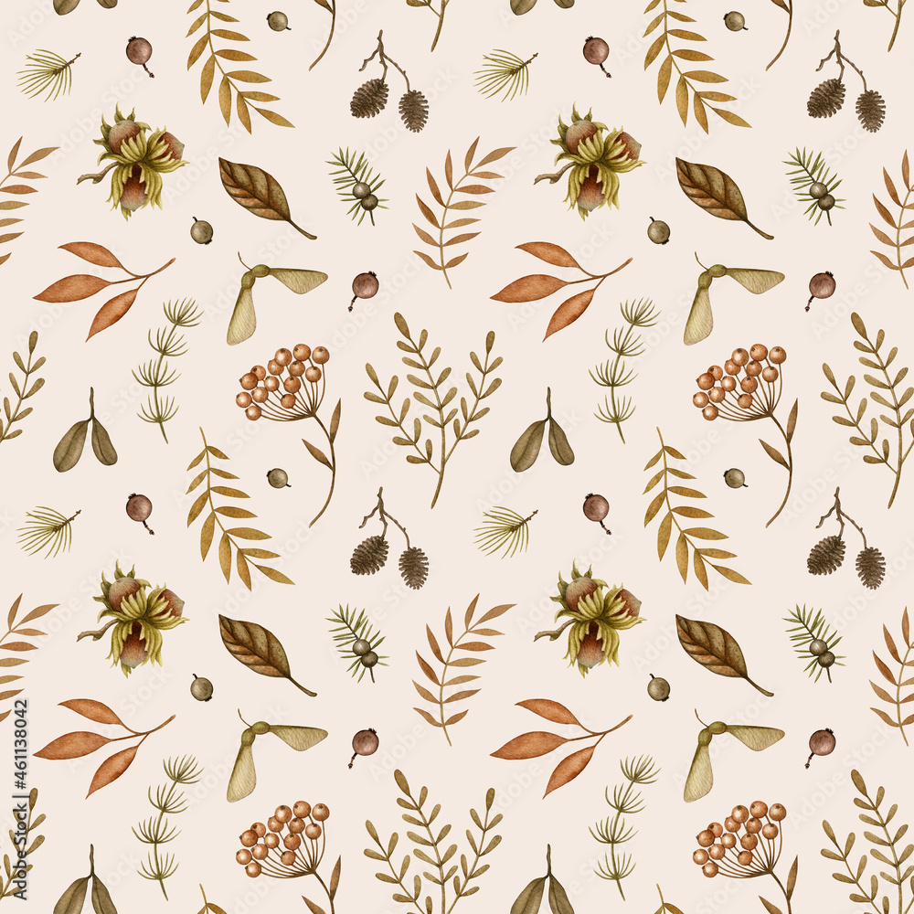 Watercolor realistic Forest Plant seamless pattern. Autumn leaves, Tree ...