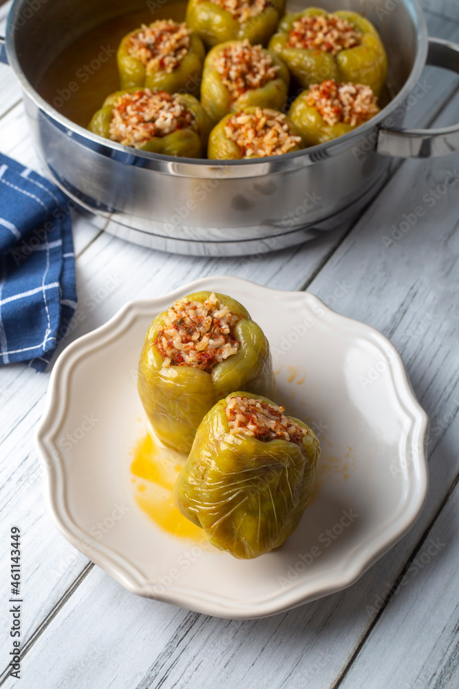 Traditional Turkish foods; Stuffed pepper (Turkish name; biber dolmasi ...