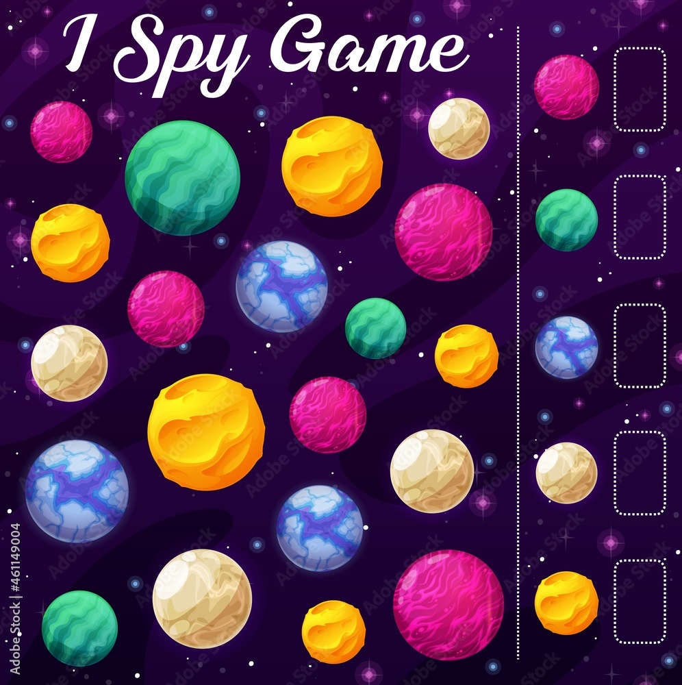 Kids game with space planets. Child I spy playing activity, children ...