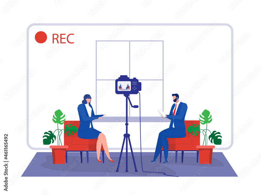 business woman gives interview to television presenter in broadcast ...