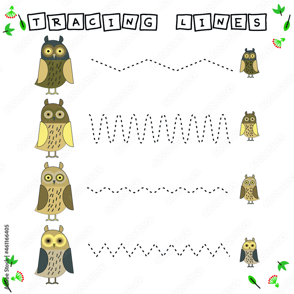 Tracing lines game with funny animals owl. Worksheet for preschool kids ...