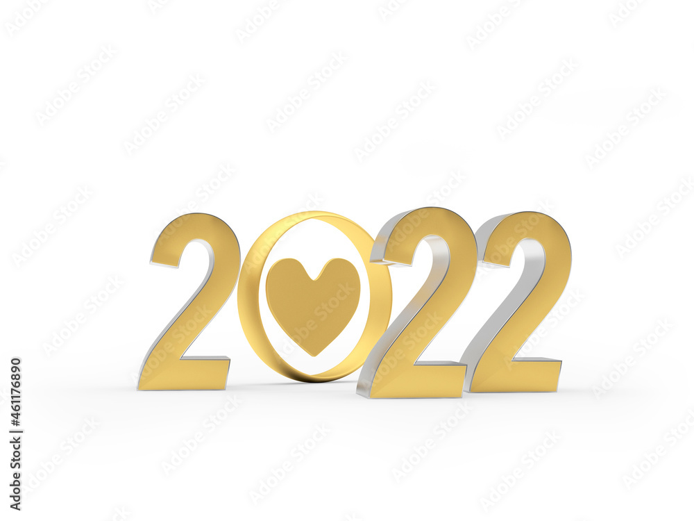 Gold number 2022 with wedding ring and heart icon. 3D illustration ...
