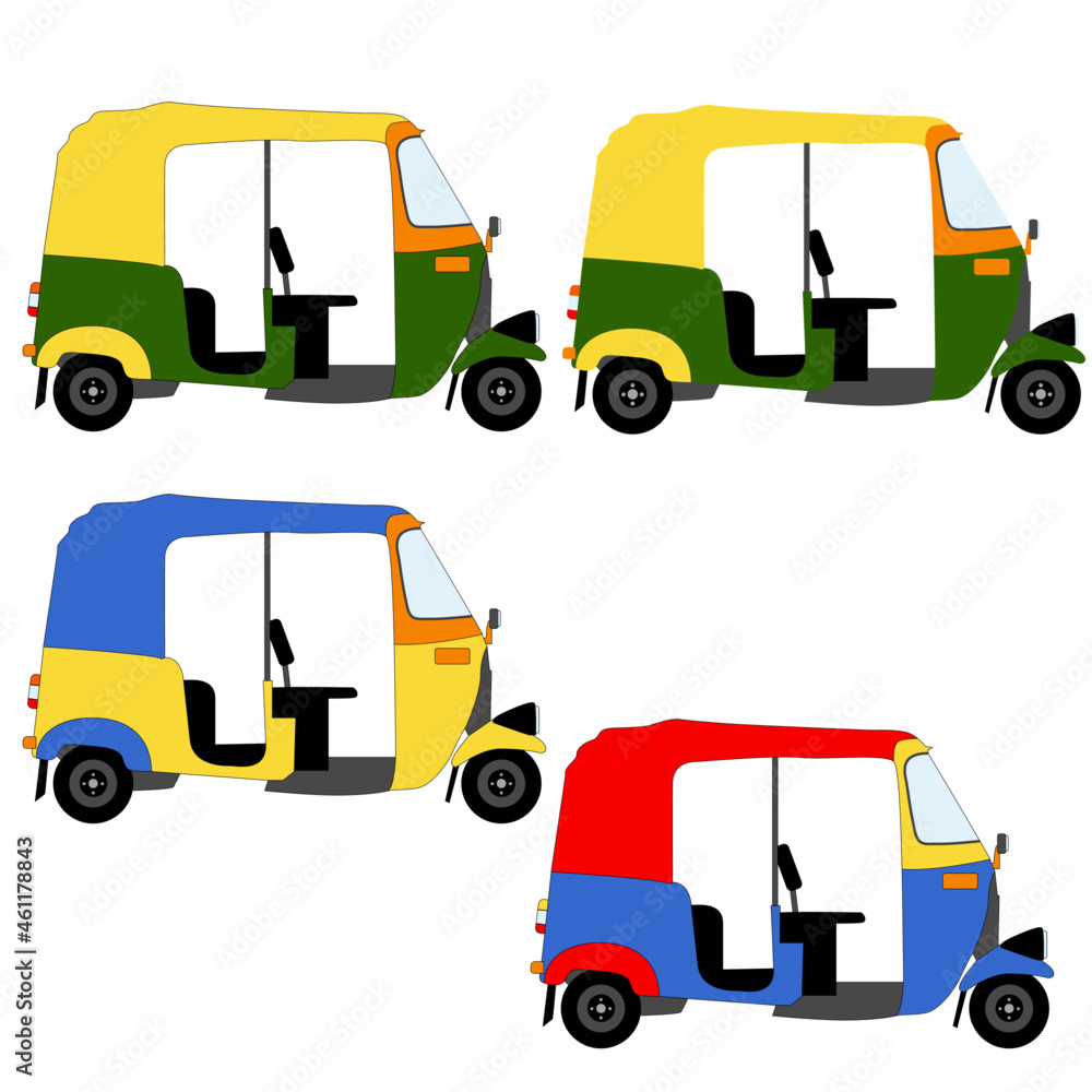 Set of green yellow red blue tuk-tuk trishaw with a back arrangement of ...