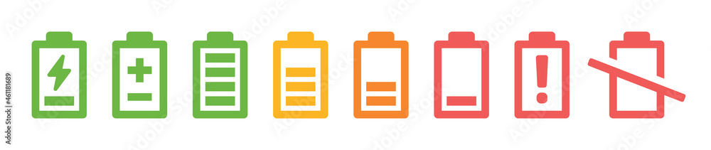 Battery icon set. Battery capacity charge icon symbols in colorful ...