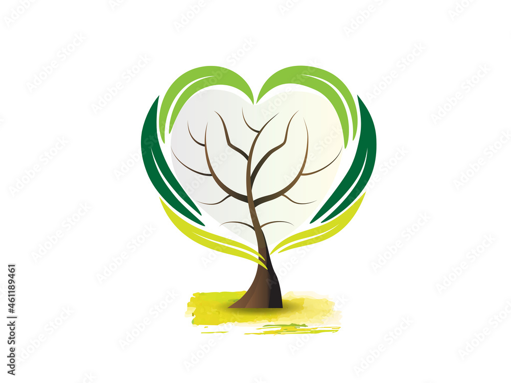 Tree heart shape spring season watercolor logo icon vector clipart ...