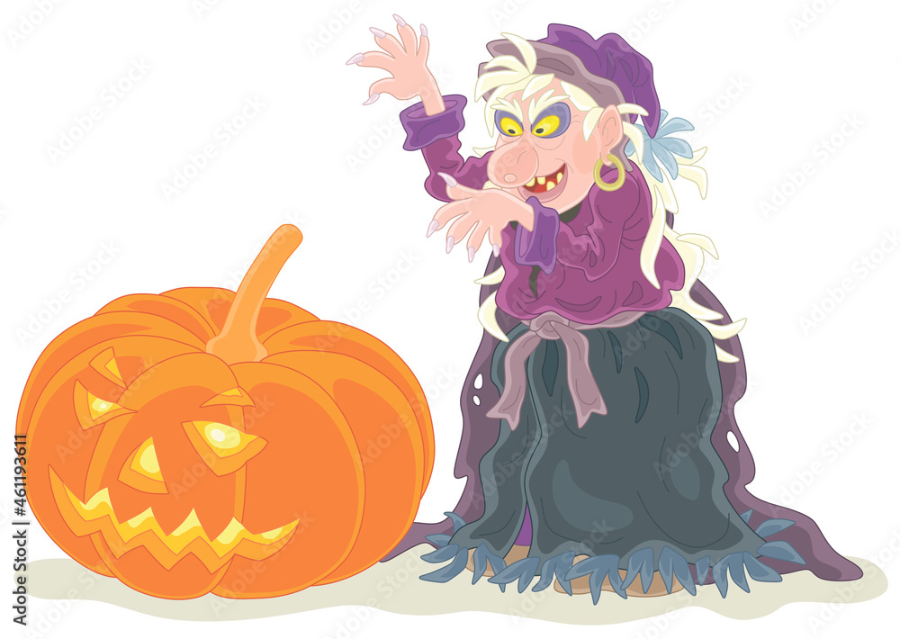 Angry witch practicing witchcraft on a big terrible Halloween pumpkin ...