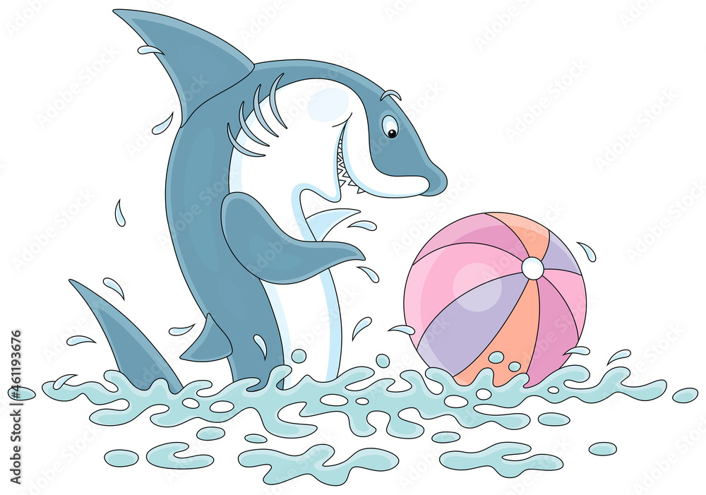 Funny playful shark wallowing in waves of a tropical sea and playing a ...