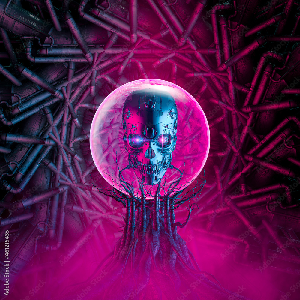 Evil artificial intelligence skull - 3D illustration of science fiction ...