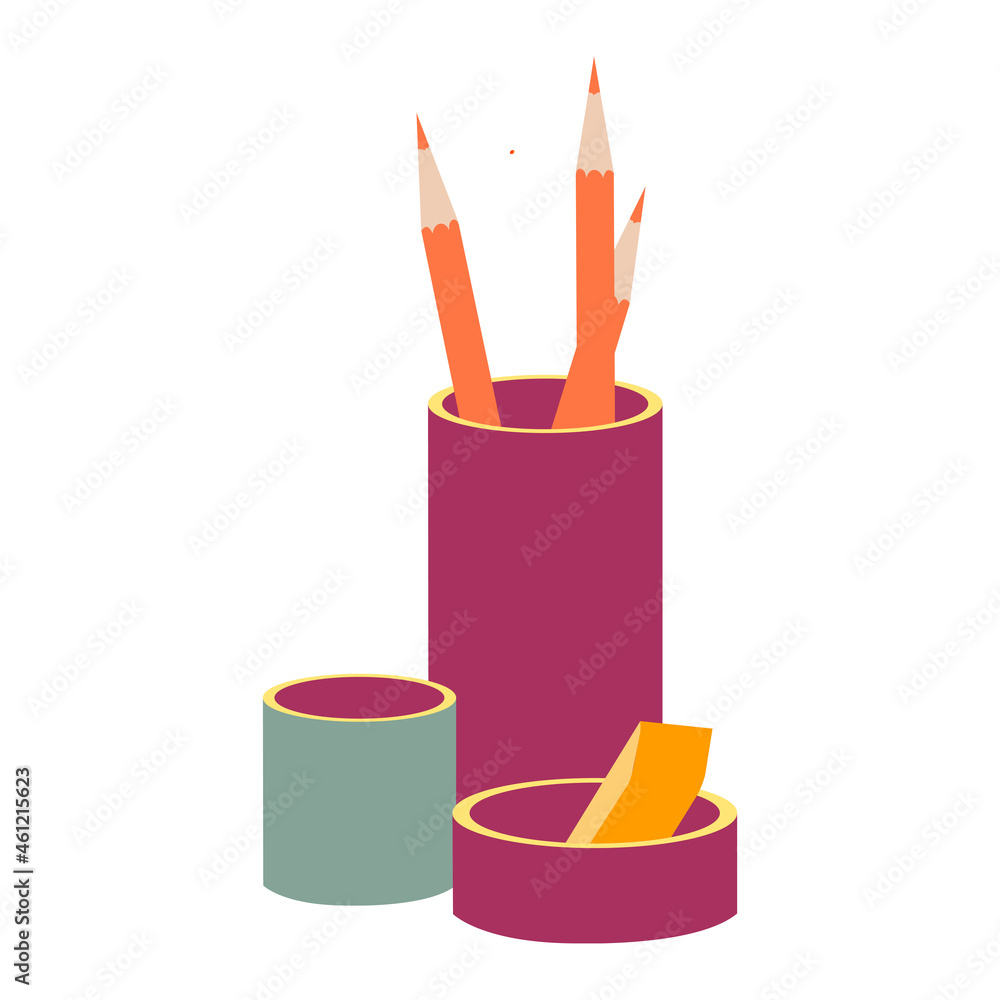Pencil holder is a color vector object that is semi-flat.sized item in ...