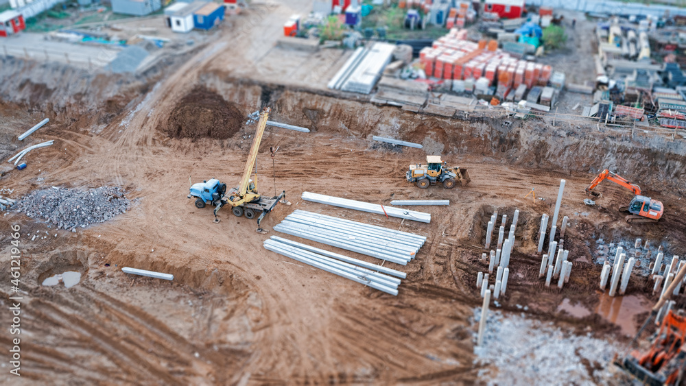 Top view of the construction site. Layout of piles at the construction ...