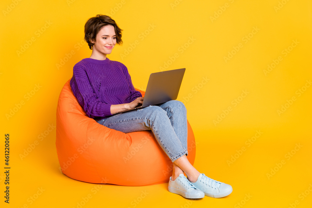 Portrait of attractive focused cheerful girl sitting in chair using ...