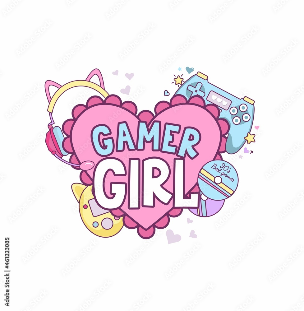 Gamer girl colorful design isolated with pink heart and kawaii objects ...
