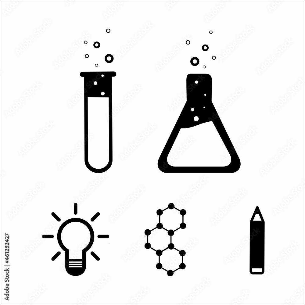 Science icon set. light bulb, laboratory apparatus, beaker, particles ...